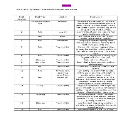 Shot list | DOCX