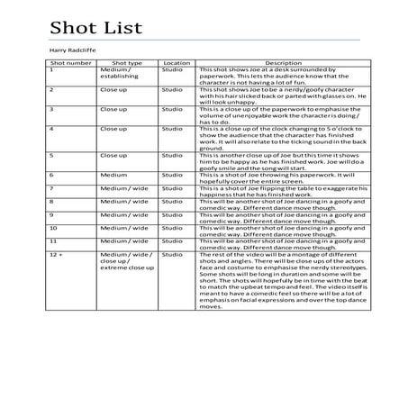 Shot list | DOCX