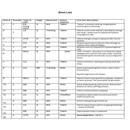 Shot List | DOCX
