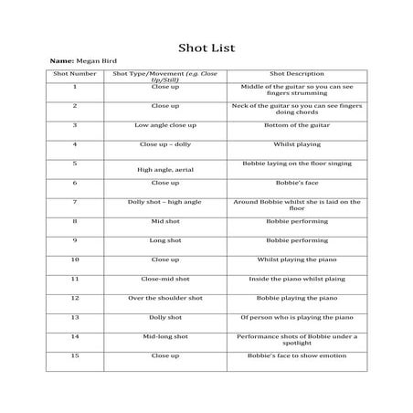 Shot list | DOCX