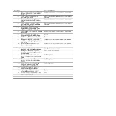 Shot list, costume and prop list | PDF