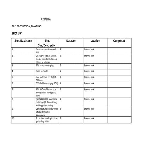 Shot list template | DOCX | Photography | Arts and Crafts
