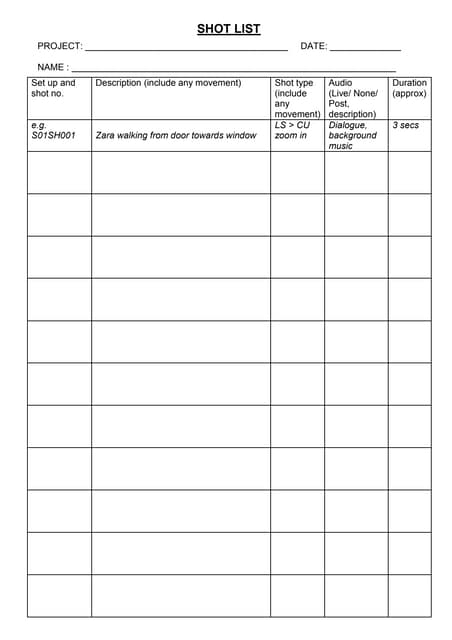 Simple Shot List Example Simple Shot List Example