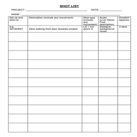 Shot list template | DOCX