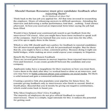 Should Human Resource must give candidate feedback after rejecting them ...
