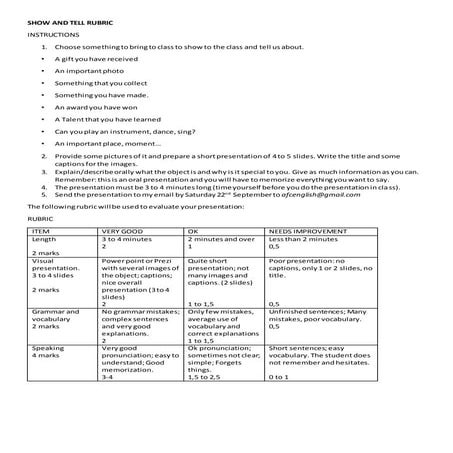 Show and tell rubric | DOCX