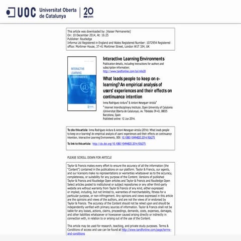 What leads people to keep on e-learning? An empirical analysis of users’ experiences and their ...