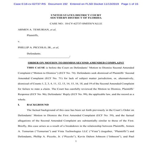SDFL - Order Dismissing Various Claims - Jurisdiction - Trade Secrets | PDF
