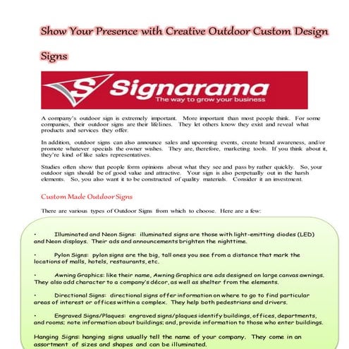 Show your presence with creative outdoor custom design signs | DOCX