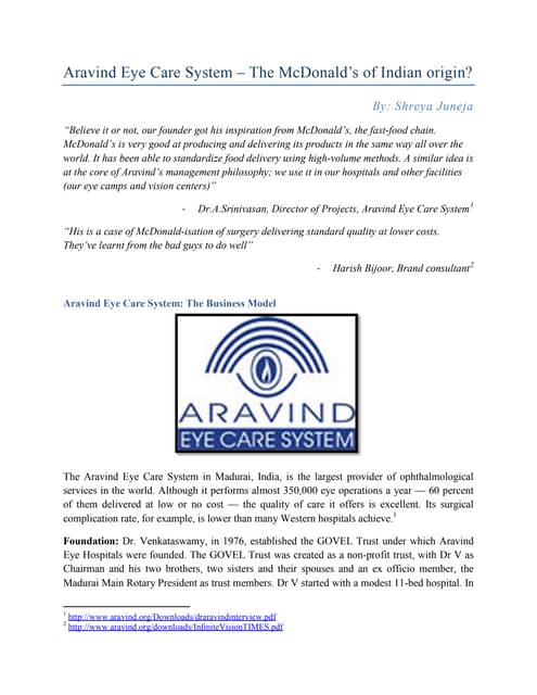 Aravind eye hospital case analysis | PDF | Eye and Vision Conditions | Diseases and Conditions
