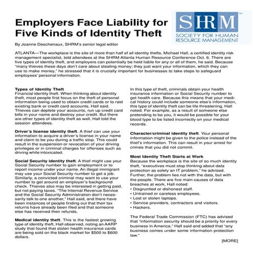 Employers Face Liability for 5 Kinds of Identity Theft | PDF