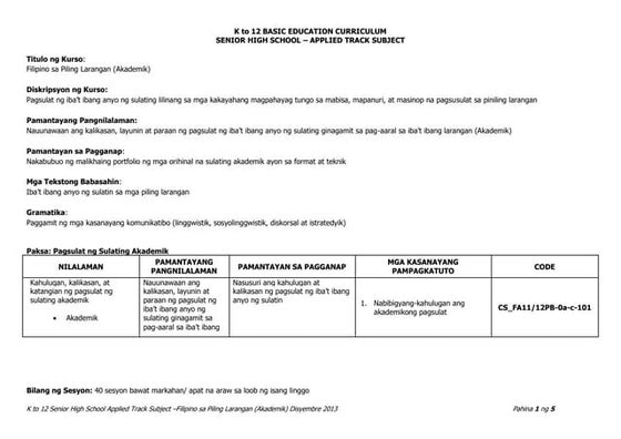SHS APPLIED Filipino Akademik CG | PDF