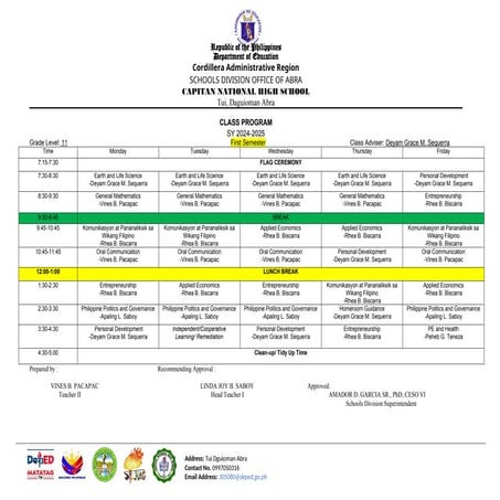 Senior High School Sample CLASS SCHEDULE_055355.docx | Education