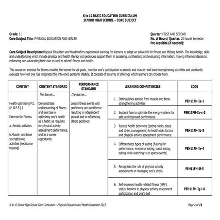 Physical Education and Health 11 and 12 Curriculum Guide | PDF