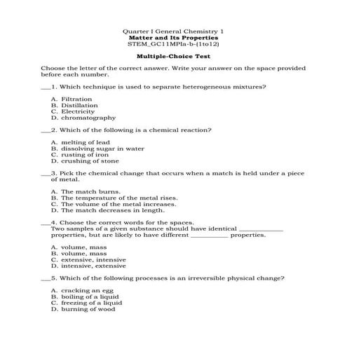 DepEd SHS STEM General Chemistry Modules Quarters 1-2 by CDO | PDF