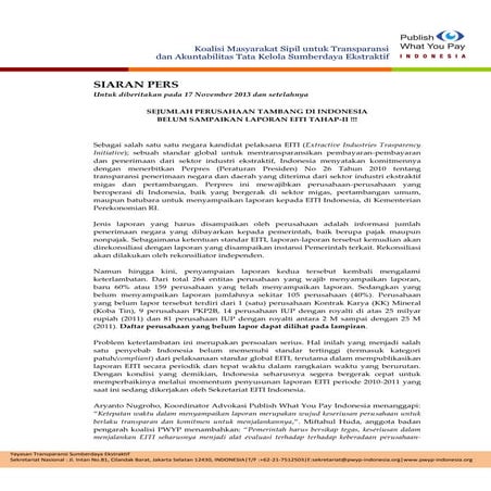 Siaran Pers PWYP Indonesia : SEJUMLAH PERUSAHAAN TAMBANG DI INDONESIA BELUM SAMPAIKAN LAPORAN ...