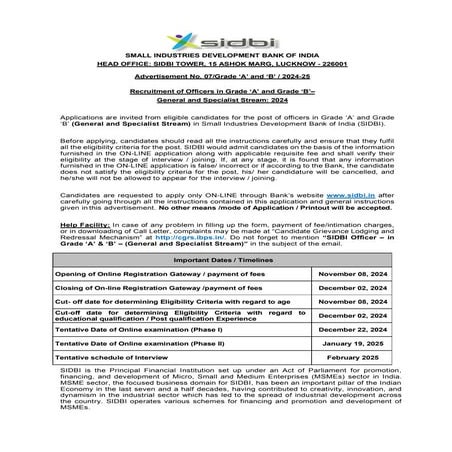 SIDBI-DETAILED-WEB-ADVT-08112024. Gifuh gydhh pdf | PDF | Business Banking & Finance | Business