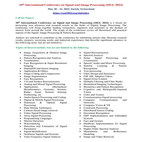 10th International Conference on Signal and Image Processing (SIGL 2023) | PDF