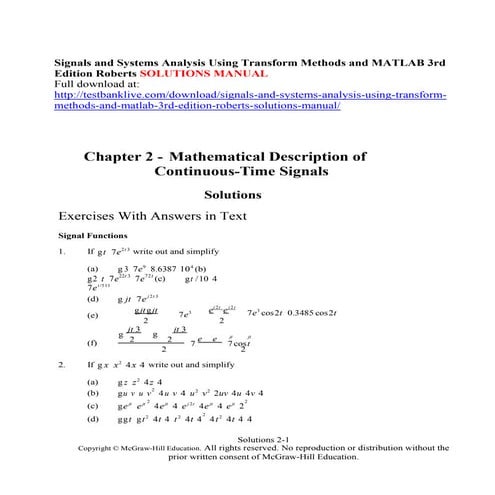Signals And Systems Analysis Using Transform Methods And Matlab 3rd Edition Roberts Solutions 
