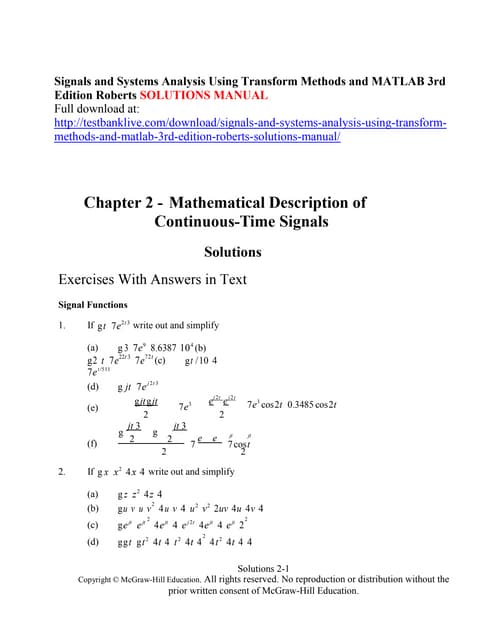 Signals And Systems Analysis Using Transform Methods And Matlab 3rd Edition Roberts Solutions