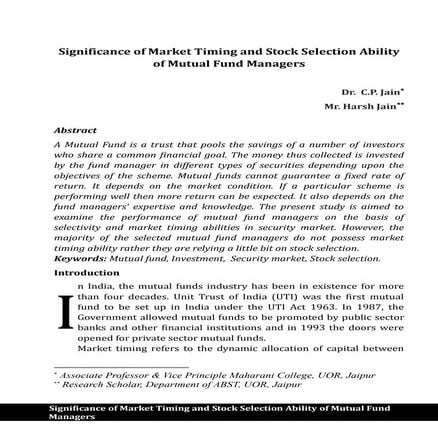 Significance of market timing and stock selection ability of mutual ...