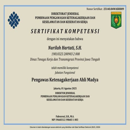 Sertifikat Uji Kompetensi Fungsional Pengawas Ketenagakerjaan | PDF