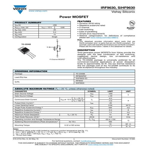 USA INDIA STOCK Original Mosfet IRF9630 RF9630 F9630 9630 200V 6.5A TO ...