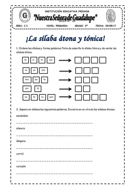 Hojas De Trabajo Para Dividir Palabras En Sílabas