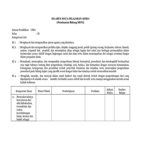 Silabus Kimia Kurikulum 2013 kelas XI SMA | DOCX