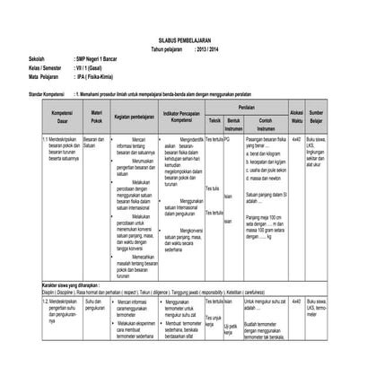 Silabus IPA-Fisika- SMP kelas 7 semester 1 2013 2014 | DOC