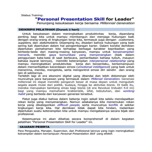 Training "Personal Presentation Skill for Leader" Penunjang kesuksesan kerja bersama Millennial ...