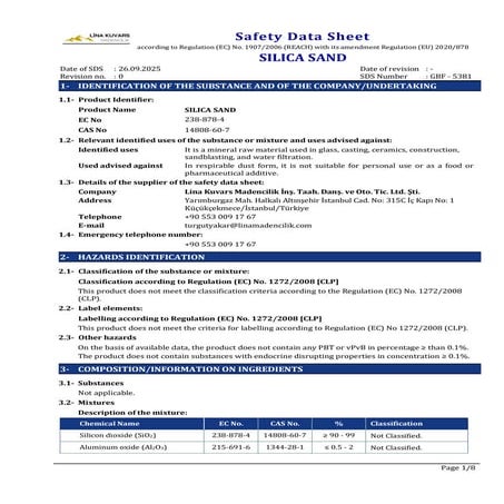 Safety Data Sheet (SDS) – Quartz Sand & Silica Materials | Lina Kuvars ...