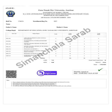 GNDU ITEP Semester 3 Marksheet – Simanchala Sarab | PDF