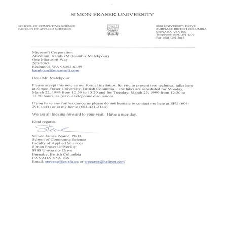 Simon Fraser University invitation letter to speak | PDF
