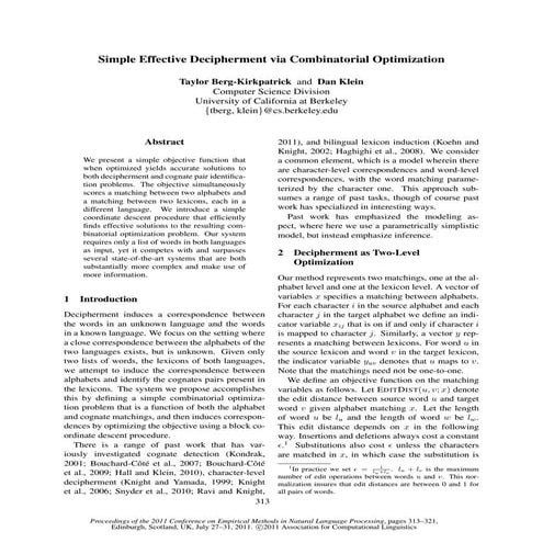 Simple Effective Decipherment Via Combinatorial Optimization Pdf