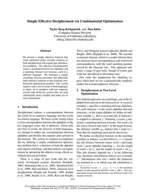 Simple Effective Decipherment Via Combinatorial Optimization Pdf