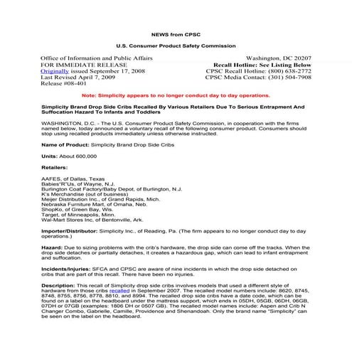 Simplicity Crib Recall 2009 | DOC