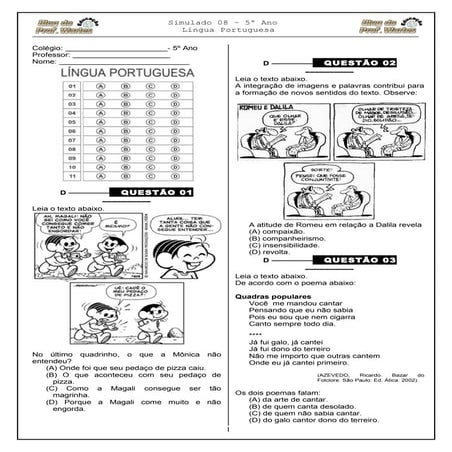 Simulado Língua Portuguesa 4° Ano PDF Escrita, 54% OFF
