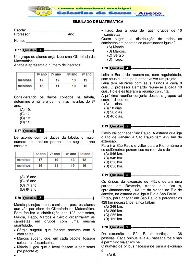 Simulado De Matematica 5o Ano Ensino Fundamental Com Gabarito Images