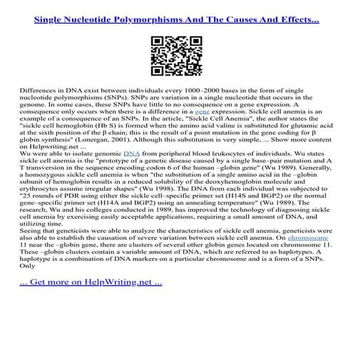Single Nucleotide Polymorphisms And The Causes And Effects... | PDF | Genetics | Science