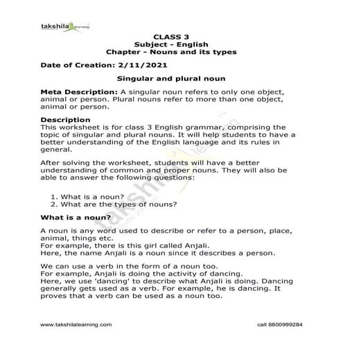 Singular and plural noun class 3 worksheet | PDF