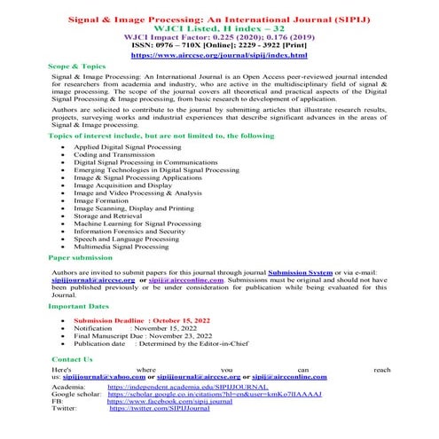 Call for Papers - Signal & Image Processing: An International Journal (SIPIJ) - WJCI Listed | PDF
