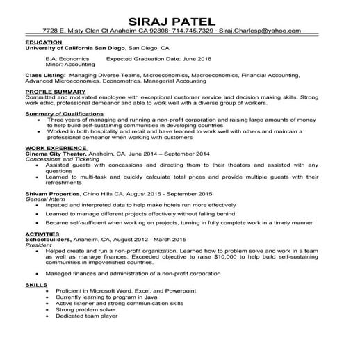 Siraj patel resume 2015 college | DOC | Hospitality Industry | Industries