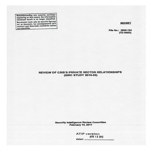 CSIS PRIVATE SECTOR RELATIONSHIPS - SIRC REVIEW 2010 | PDF