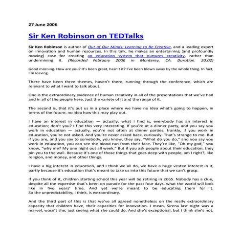 Sir Ken Robinson on TED Talks | DOCX | Education