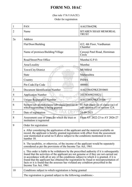 Form 10AB _ Final Registration Under Section 80G of Income Tax Act for ...