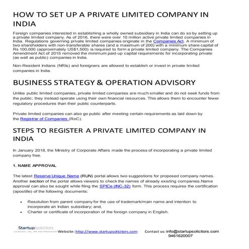HOW TO SET UP A PRIVATE LIMITED COMPANY IN INDIA | PDF