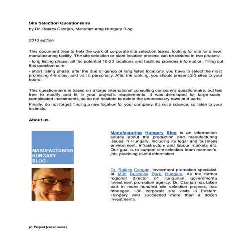 Site selection questionnaire | PDF