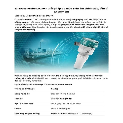 SITRANS Probe LU240 – Giải pháp đo mức siêu âm chính xác, bền bỉ từ Siemens | DOCX