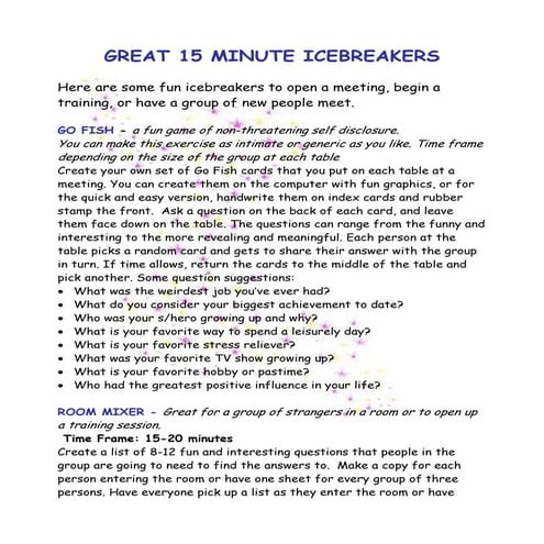 My Top 21 Icebreakers and Meeting exercises | PDF